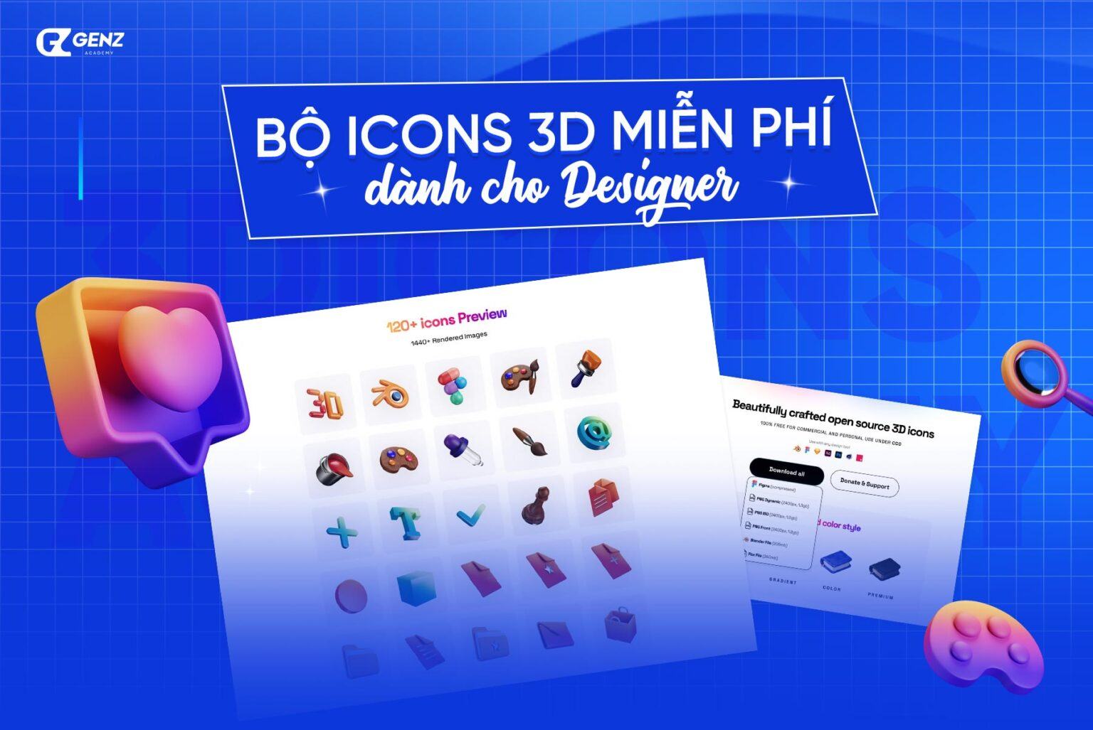 Bộ icons 3d hoàn chỉnh miễn phí tải xuống sử dụng thương mại - GenZ Academy